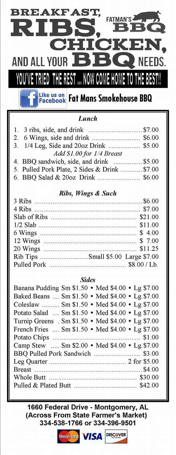 Menu at Fat Man's Smokehouse BBQ, Montgomery, Federal Dr