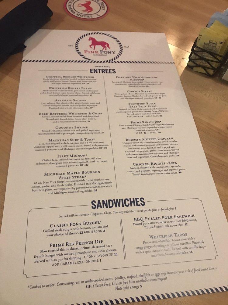 Menu at Pink Pony pub & bar, Mackinac Island