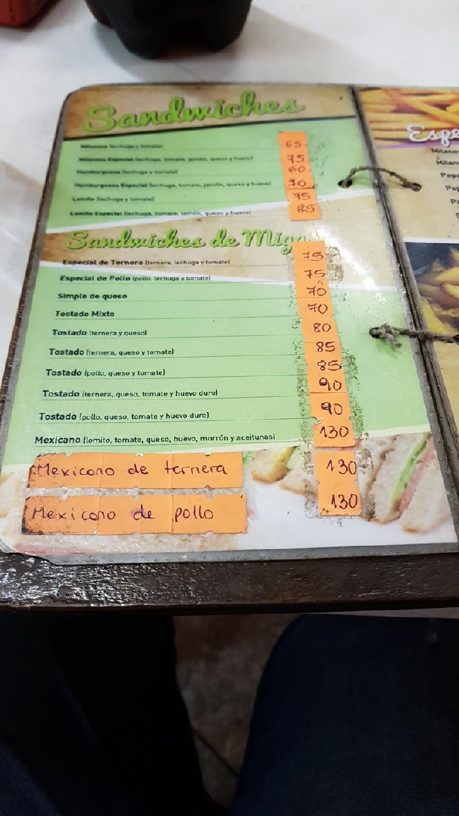 Menu at BAR Y SANDWICHERÍA El Colonial, Banda del Río Salí