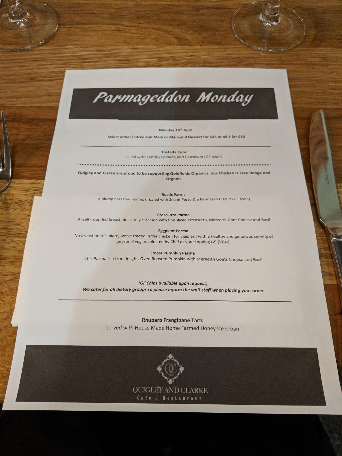Menu at Criterion Clunes restaurant, Clunes