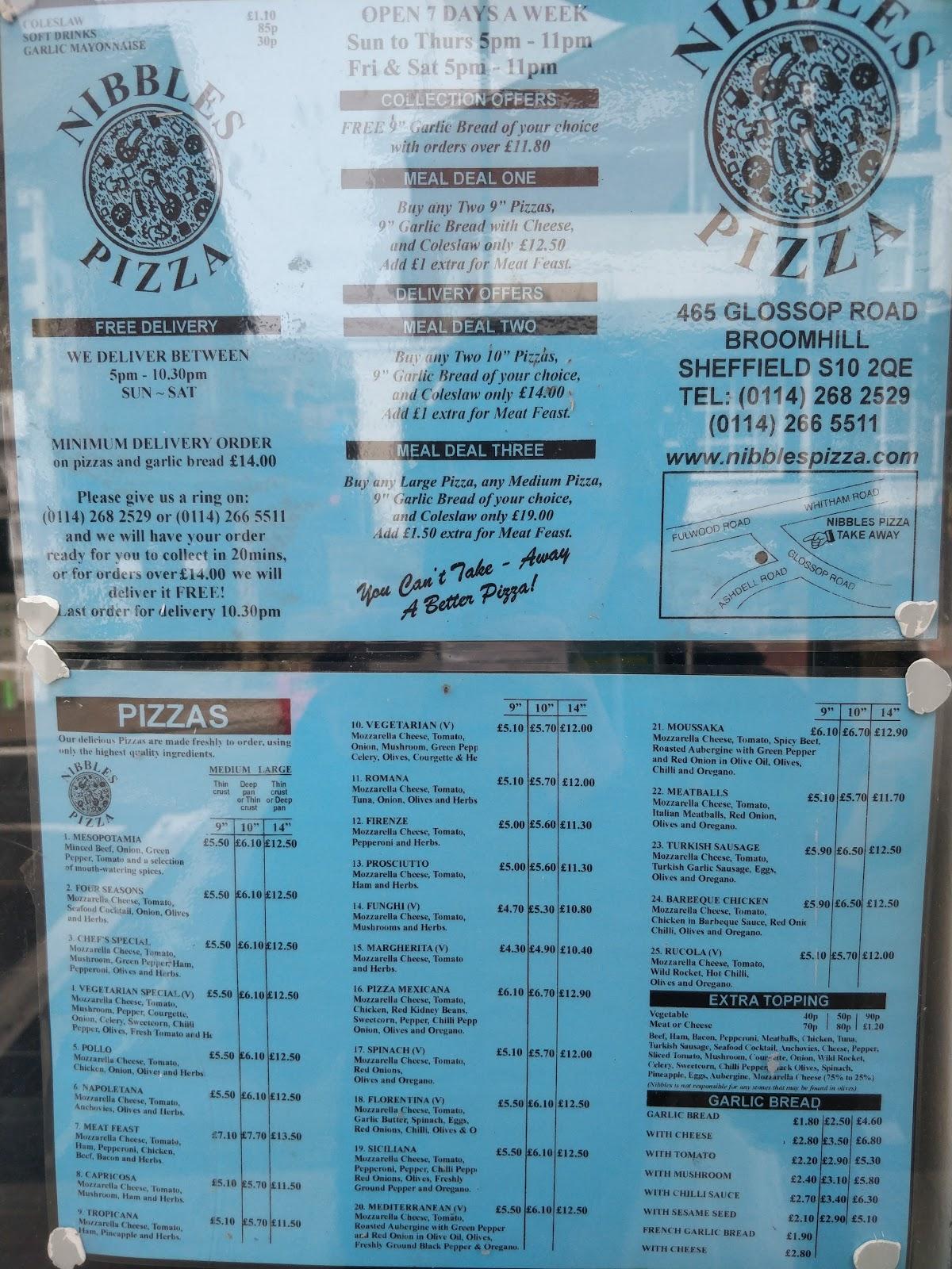 Menu at Nibbles Pizza fast food, Sheffield, 465 Glossop Rd