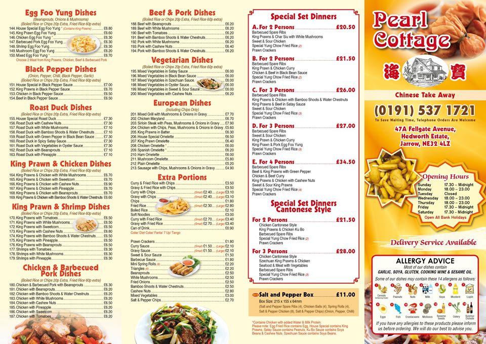 Menu at Pearl Cottage fast food, Jarrow