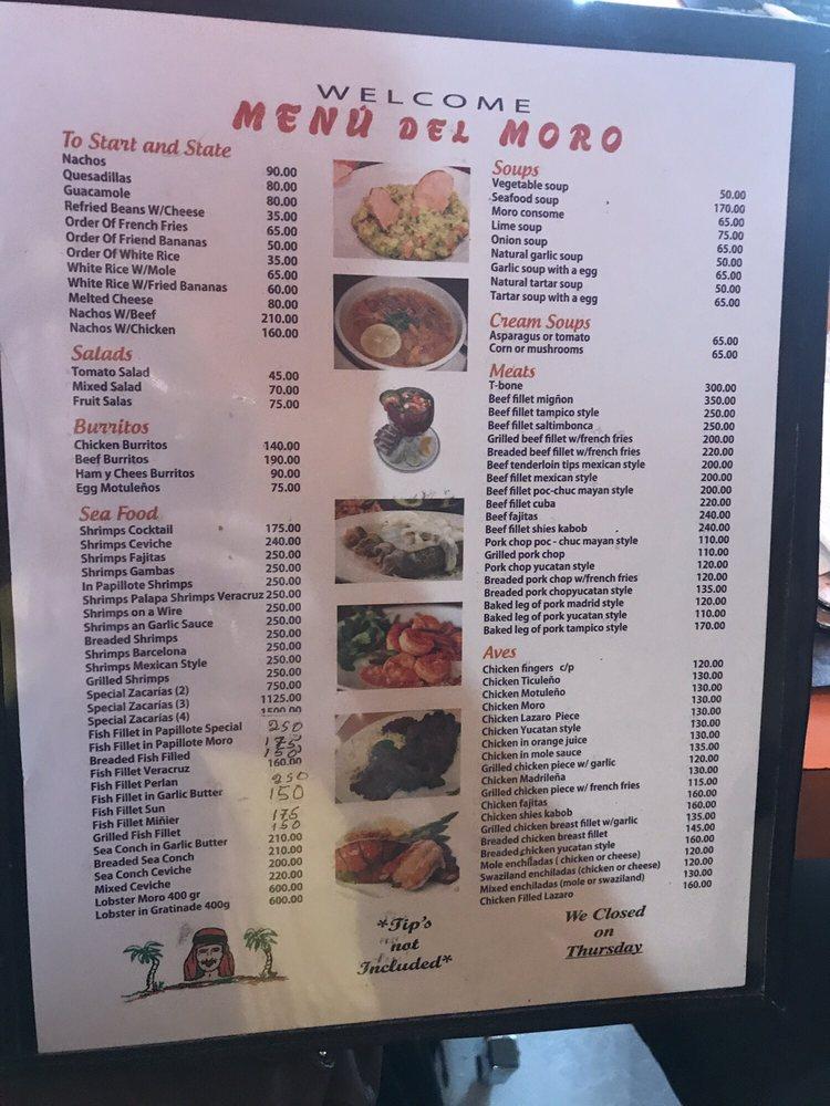 Menu at Restaurante El Moro, San Miguel de Cozumel