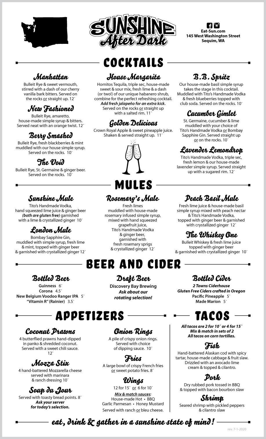 Menu at Sunshine Cafe, Sequim