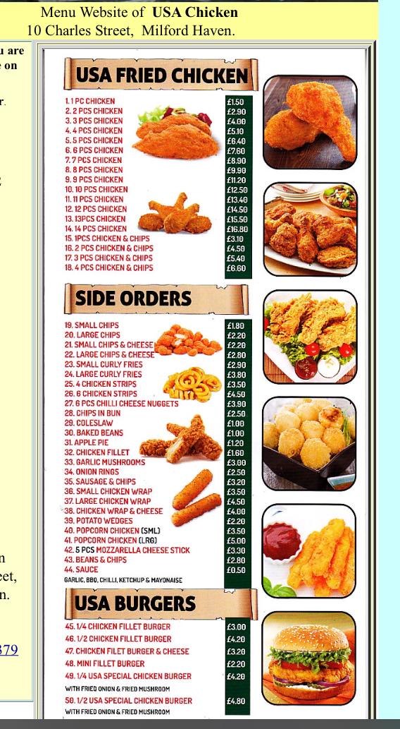 Menu at U.S.A. Fried Chicken fast food, Milford Haven