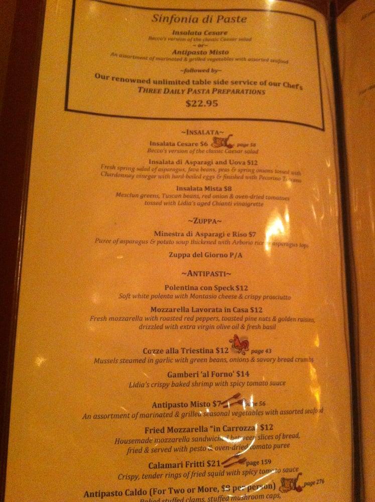 Menu at Becco restaurant, West New York