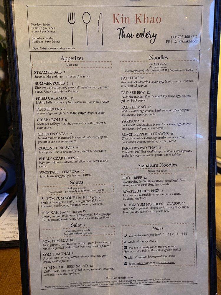 Menu at Kin Khao Thai Eatery restaurant, Crescent City