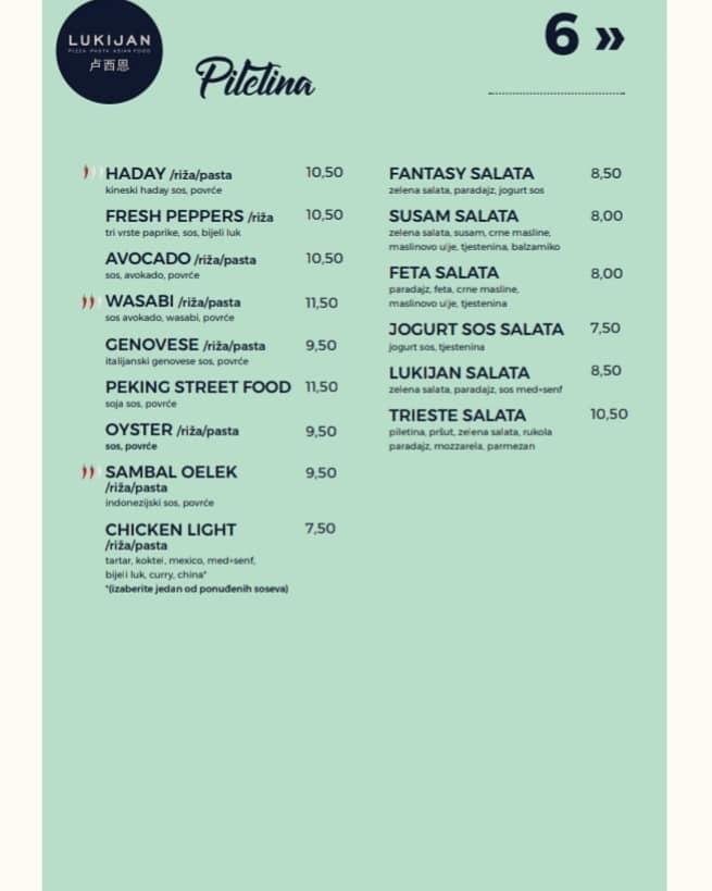 Menu at Lukijan restaurant, Banja Luka