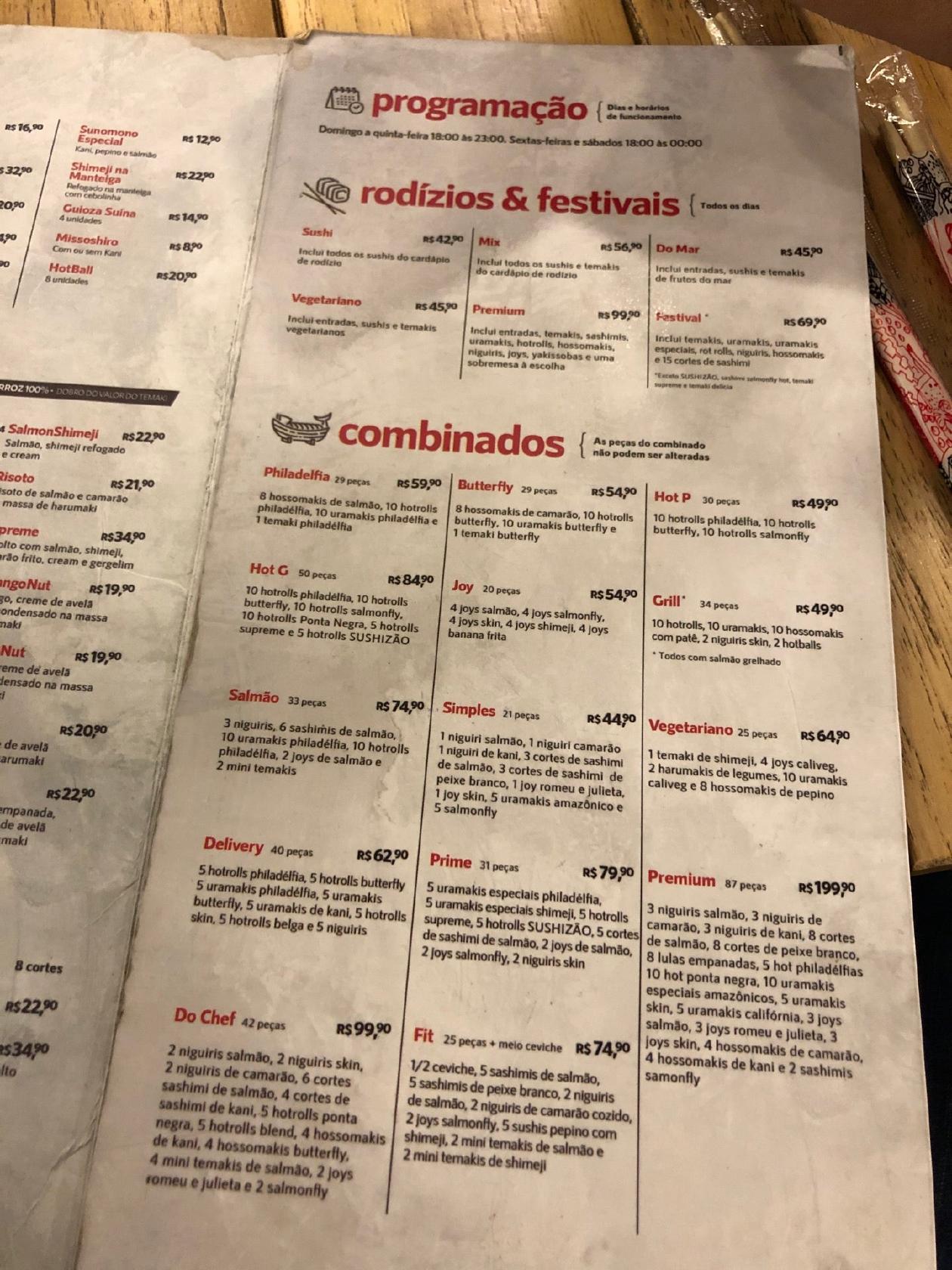 Menu at Sushi Ponta Negra restaurant, Manaus, Avenida Professor Nilton Lins