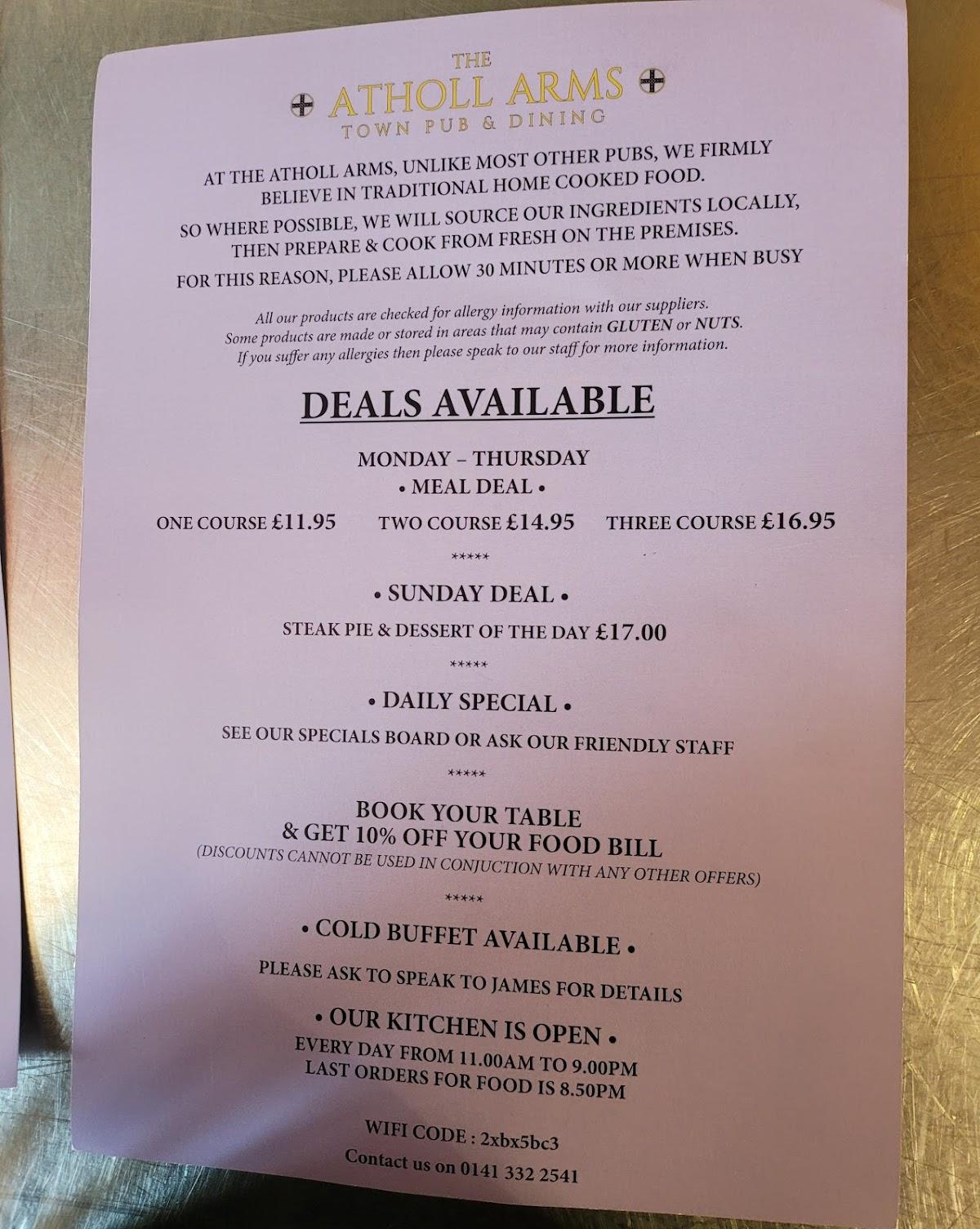 Menu at The Atholl Arms pub & bar, Glasgow, 134 Renfield St