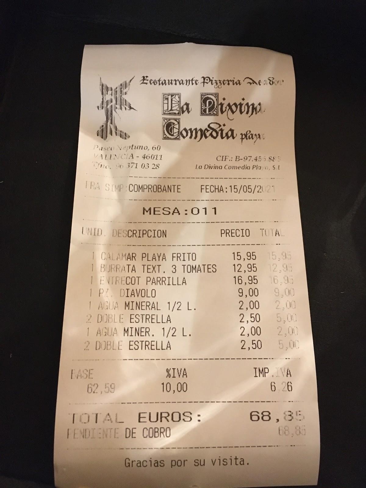 Menu at La Divina Comedia restaurant, Valencia, Passeig de Neptú