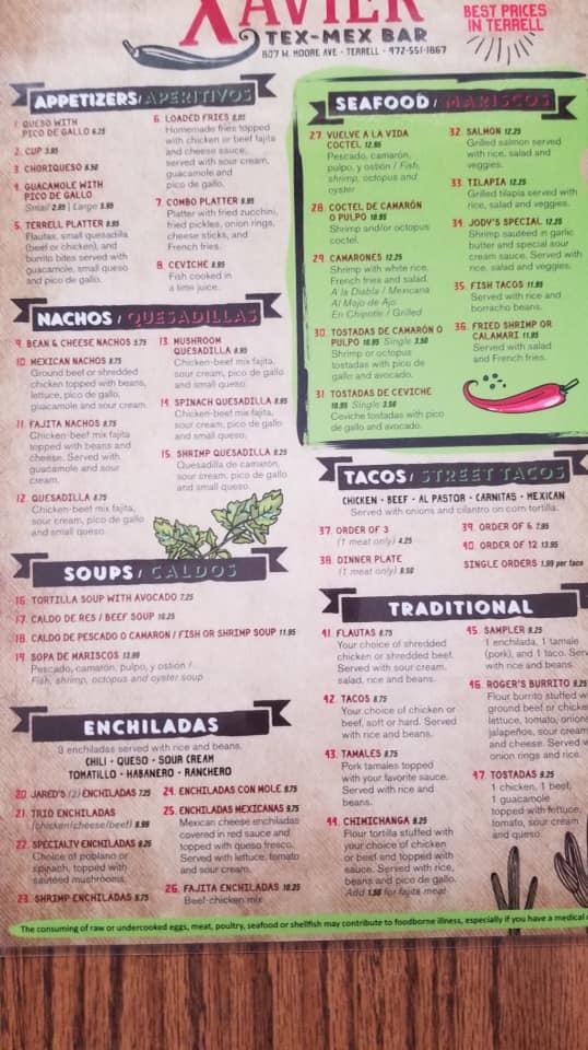 Menu at Xavier's Tex Mex & Bar LLC, Terrell