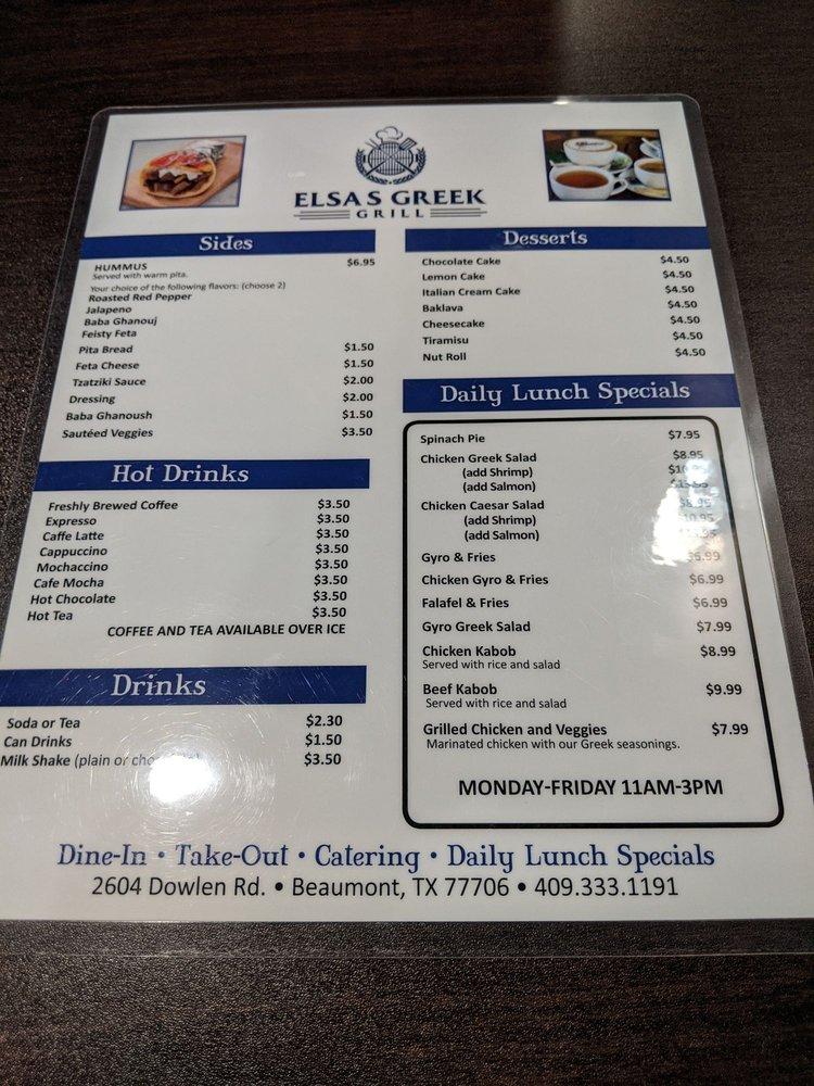 Menu at Elsa's Greek Grill restaurant, Beaumont