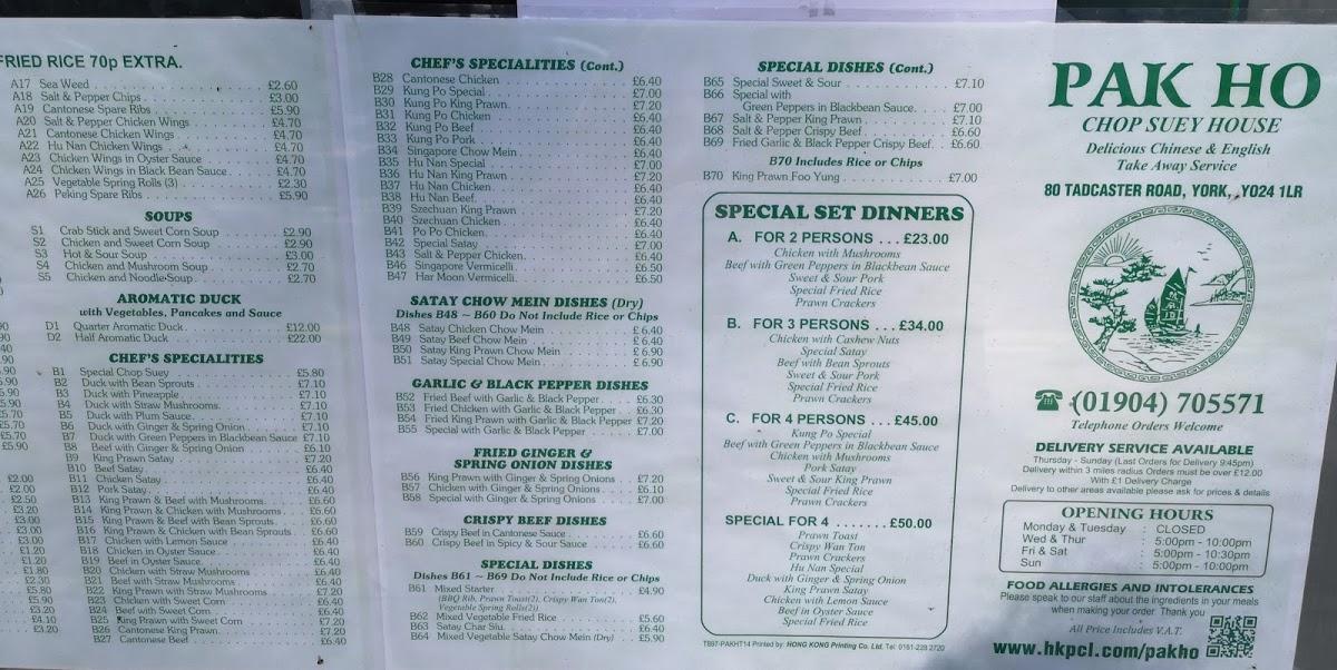 Menu at Pak Ho Chop Suey fast food, York