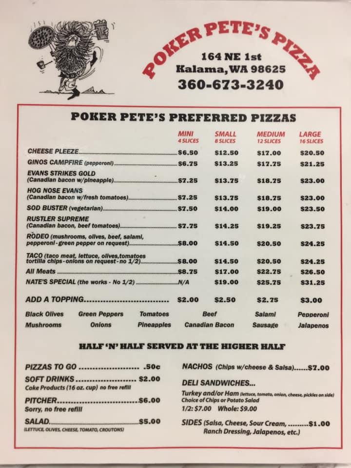 Menu at Poker Pete's Pizza Parlor & Tavern pizzeria, Kalama