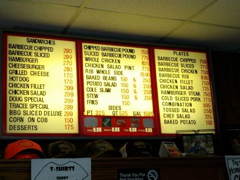 Menu at Scott's Barbecue, Cochran