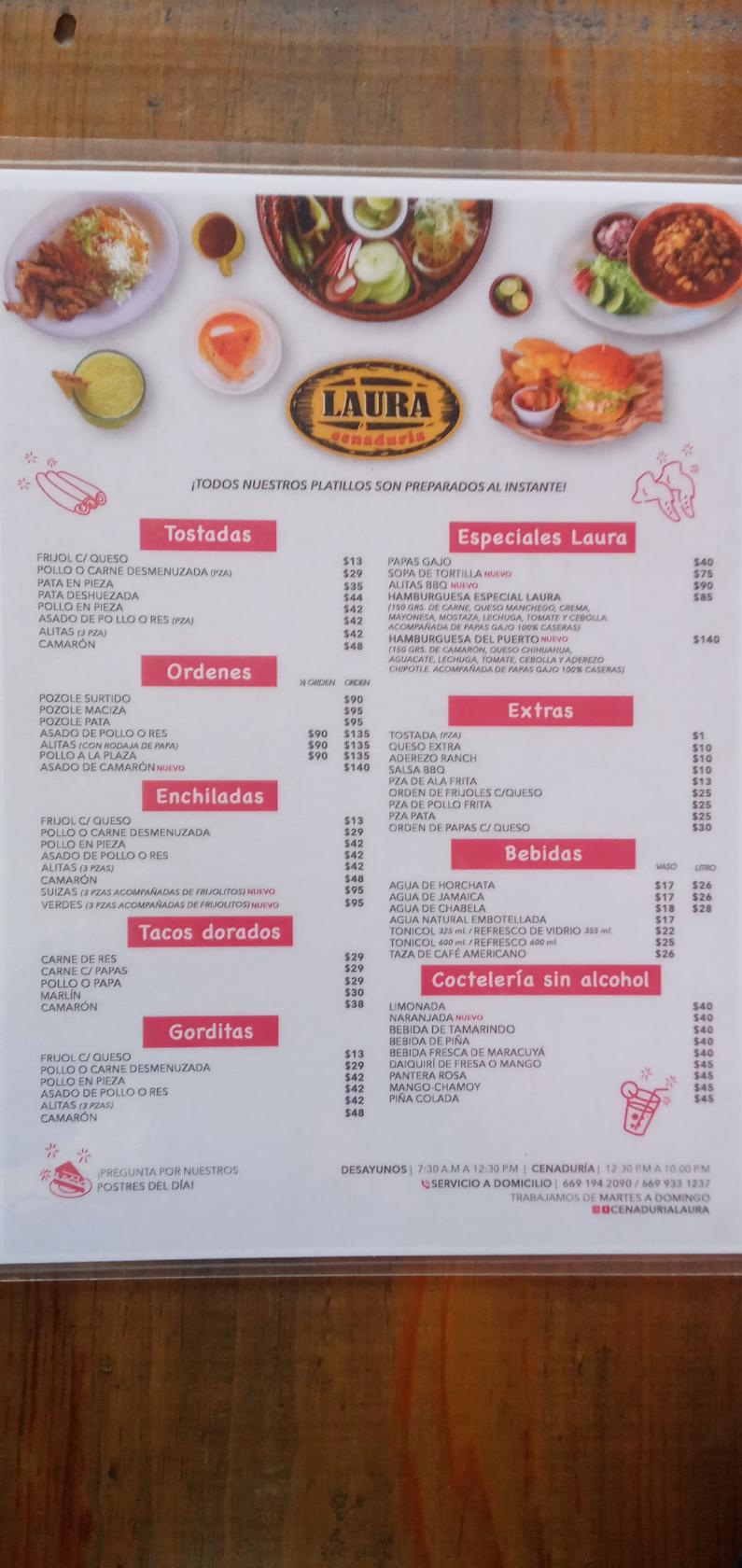 Carta del restaurante cenaduria Laura, Mazatlán, Av Gutiérrez Nájera 800