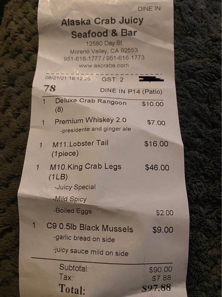 Menu at Alaska Crab pub & bar, Moreno Valley