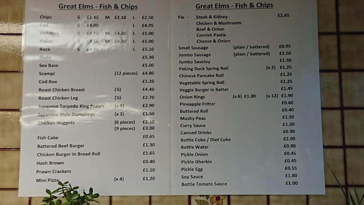 Menu at Great Elms Fish & Chips Takeaway restaurant, Hemel Hempstead