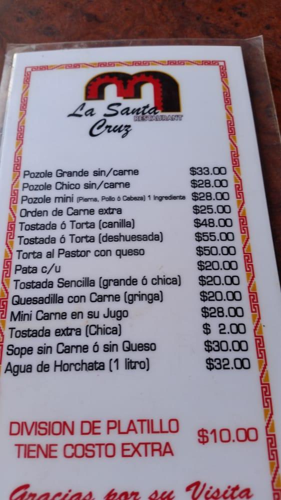 Carta del restaurante La Santa Cruz, Guadalajara, Avenida Manuel Acuña 2406