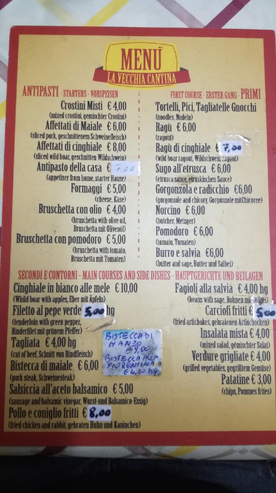 Menu da La Vecchia Cantina ristorante, Vetulonia