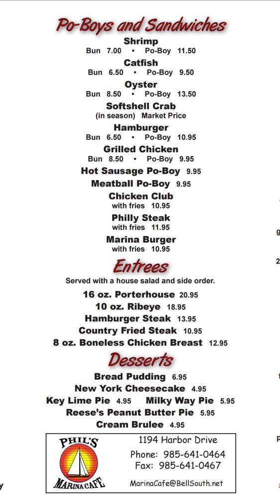 Menu at Phil's Marina Cafe, Slidell