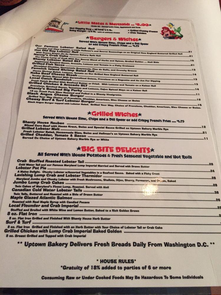 Menu at The Lobster Shanty restaurant, Fenwick Isle