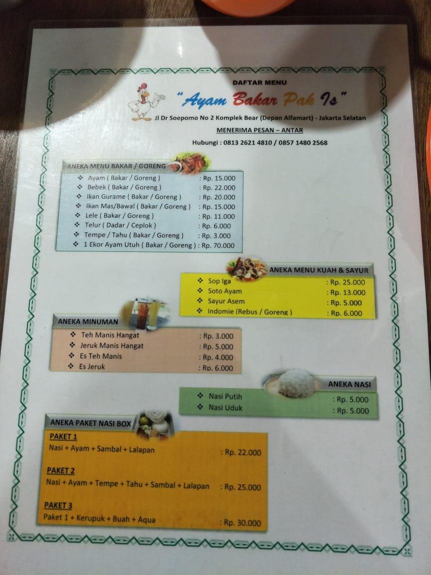 Menu at Ayam Bakar Pak Is restaurant, South Jakarta, Jl. Prof. DR ...