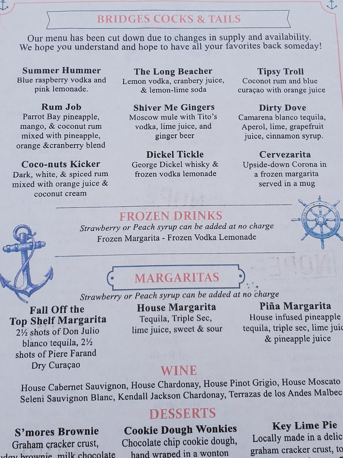 Menu at Bridges Waterside Grille restaurant, Michigan City