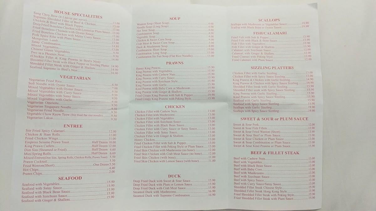 Menu at Jan's Chinese Malaysian Restaurant, The Entrance