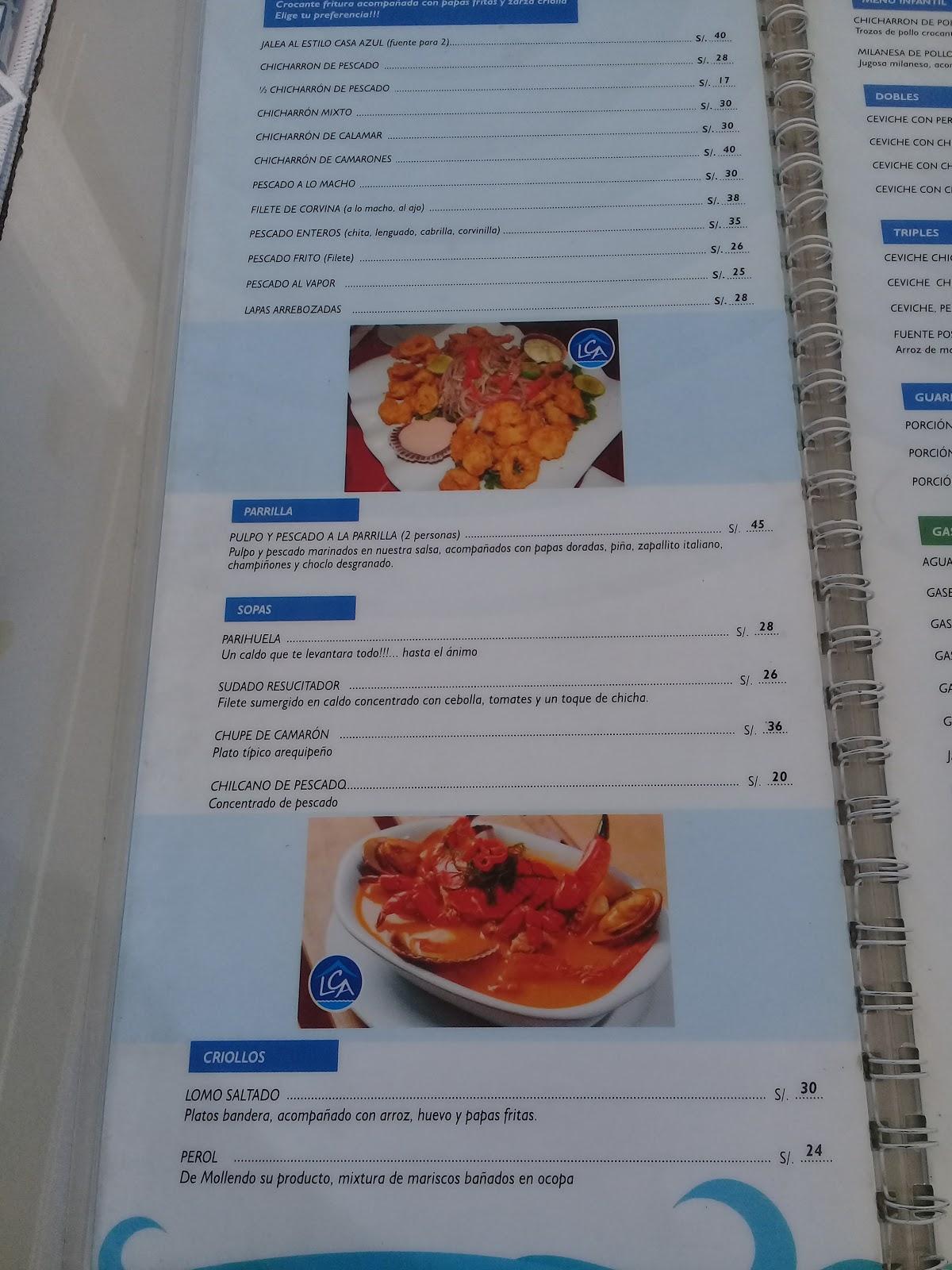 Carta del restaurante La Casa Azul, Arequipa