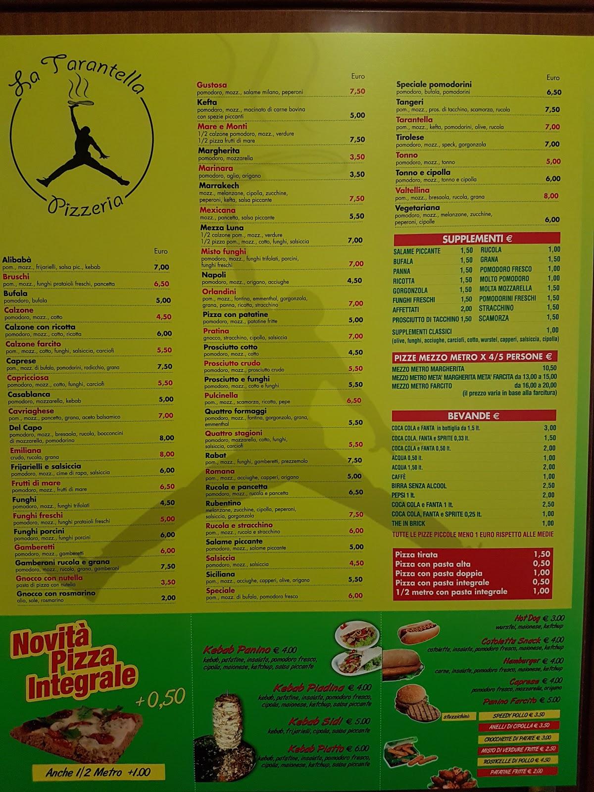 Menu da La Tarantella pizzeria, Cavriago