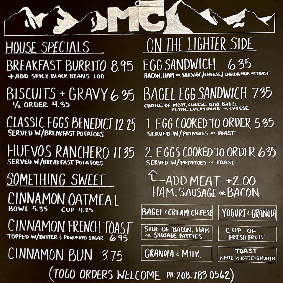 Menu at Mountain Cafe, Kellogg