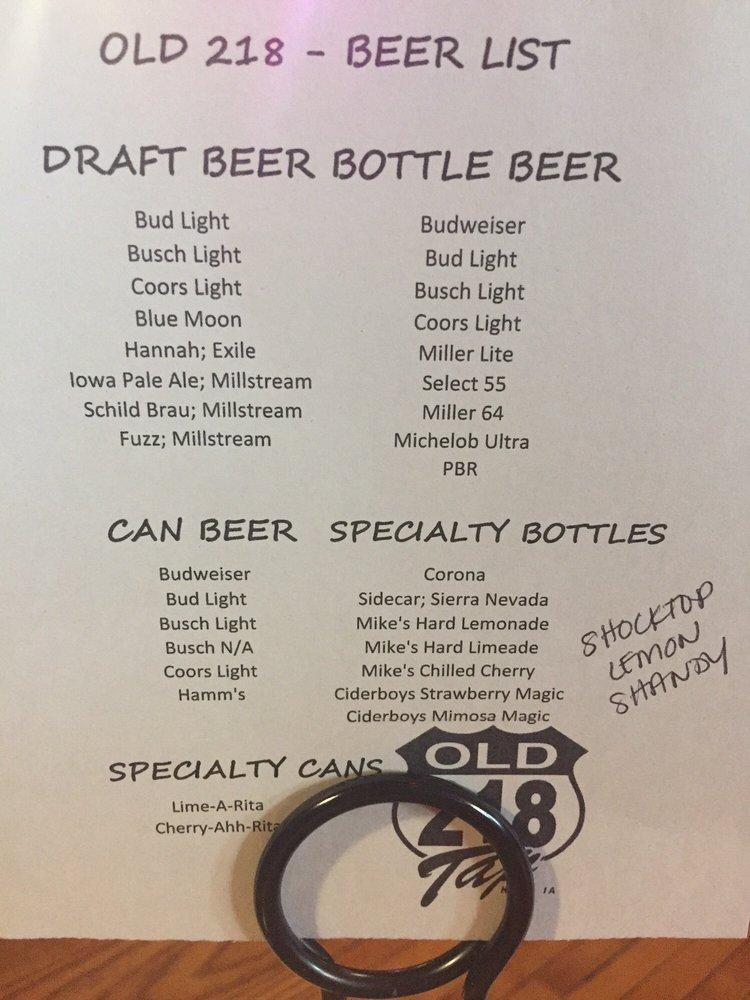 Menu at Old 218 Tap pub & bar, Hills