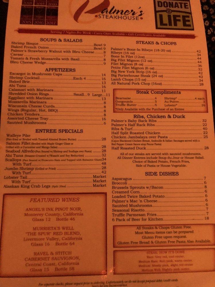 Menu at Palmer's Steakhouse, Hartland