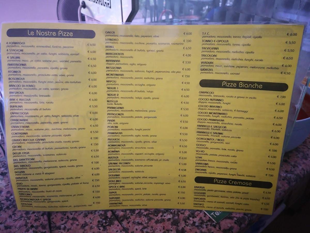 Menu at Pizzeria Primavera, Bologna