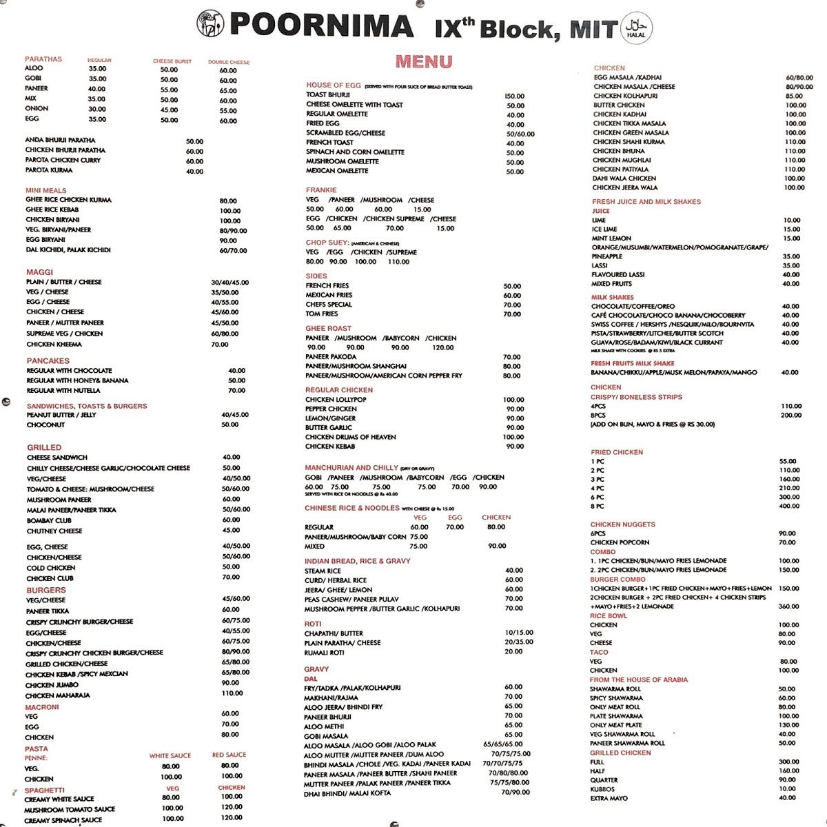 Menu at Poornima Canteen, Manipal