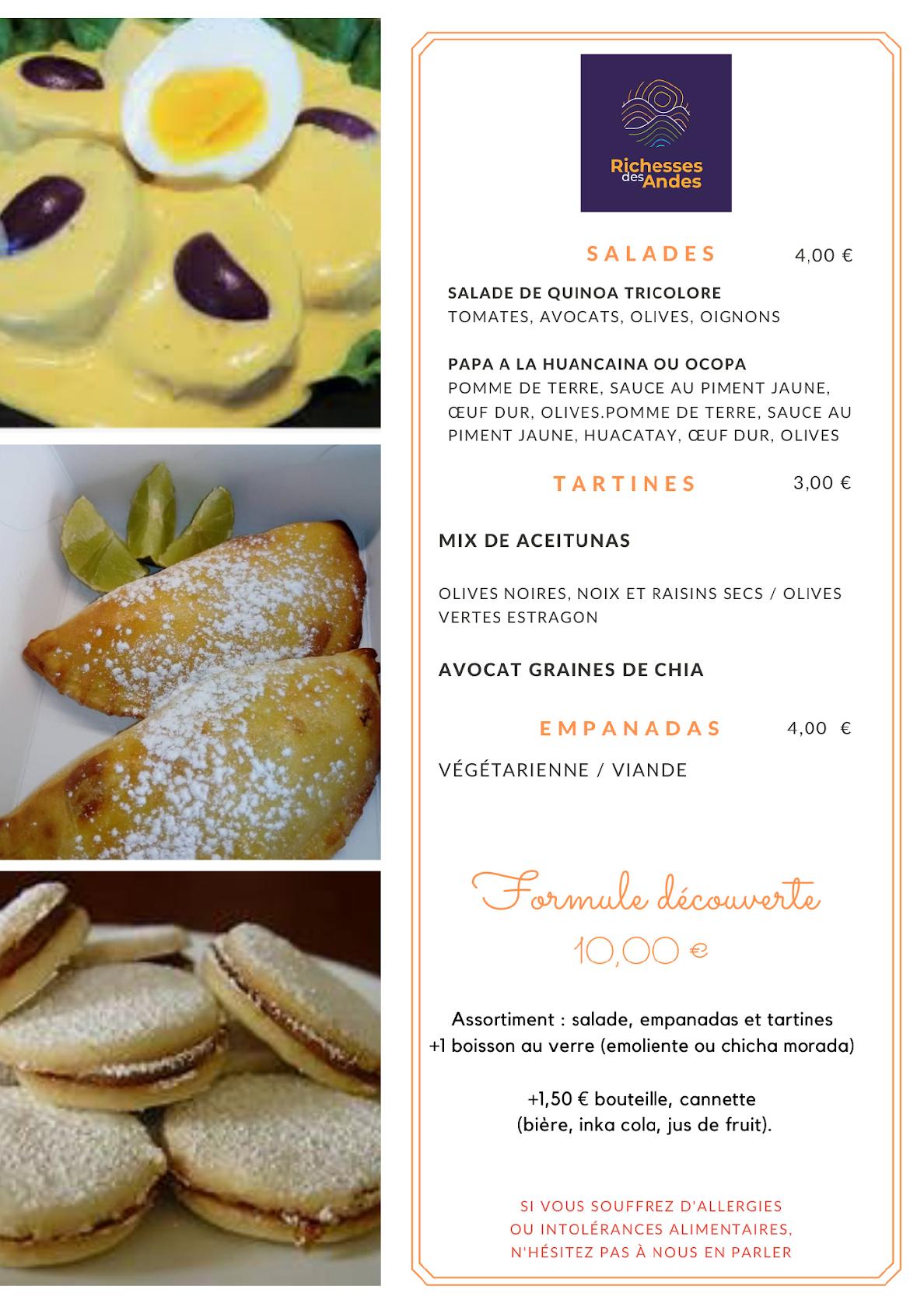 Menu au Richesse des Andes - Concept Store Péruvien à Lille, Lille