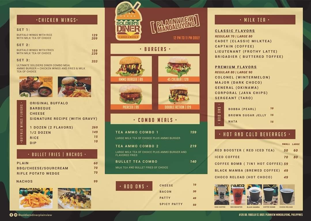 Menu at Soldier's Diner restaurant, Mandaluyong
