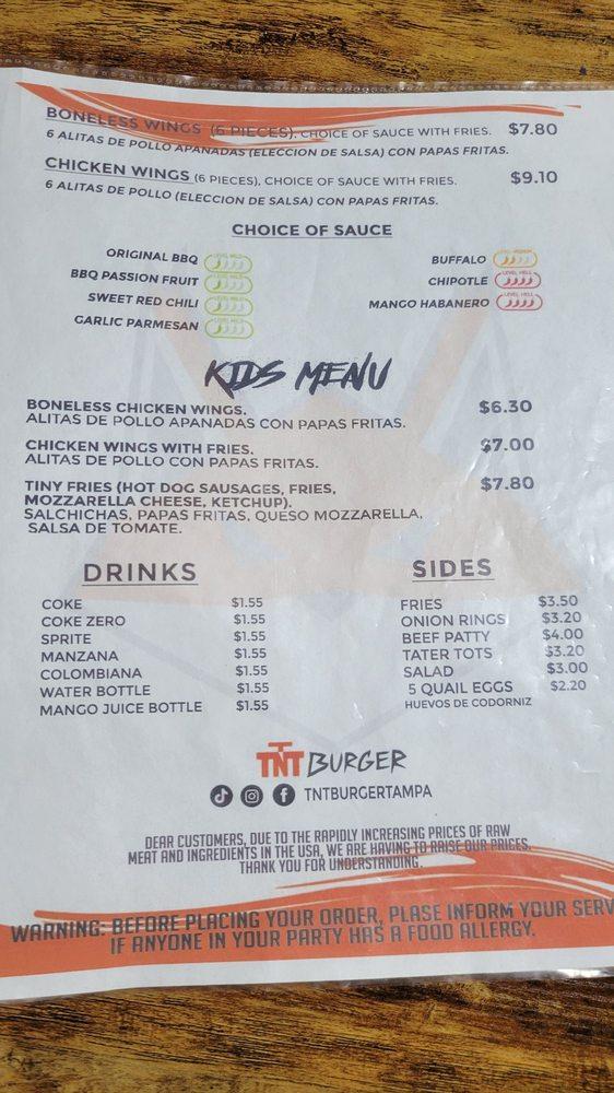 Menu at TNT BURGER restaurant, Tampa