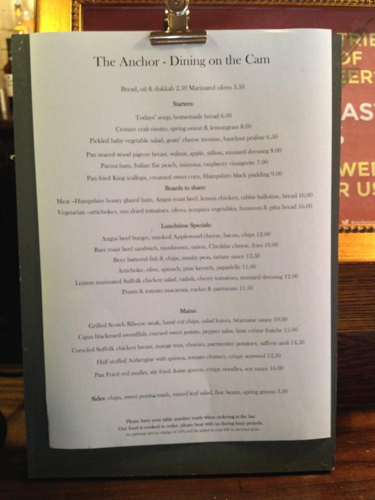 Menu at The Anchor pub & bar, Cambridge, Silver St