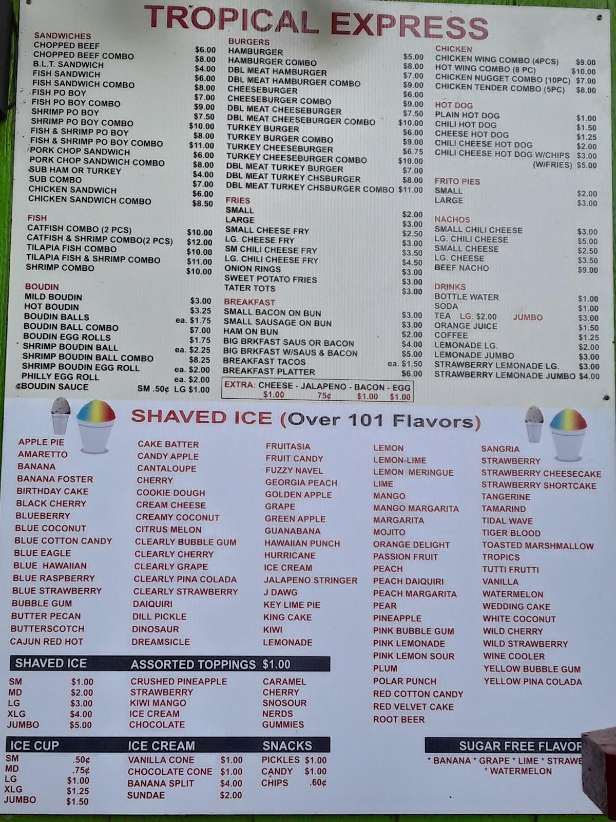 Menu at Tropical Express restaurant, Houston, Tower St