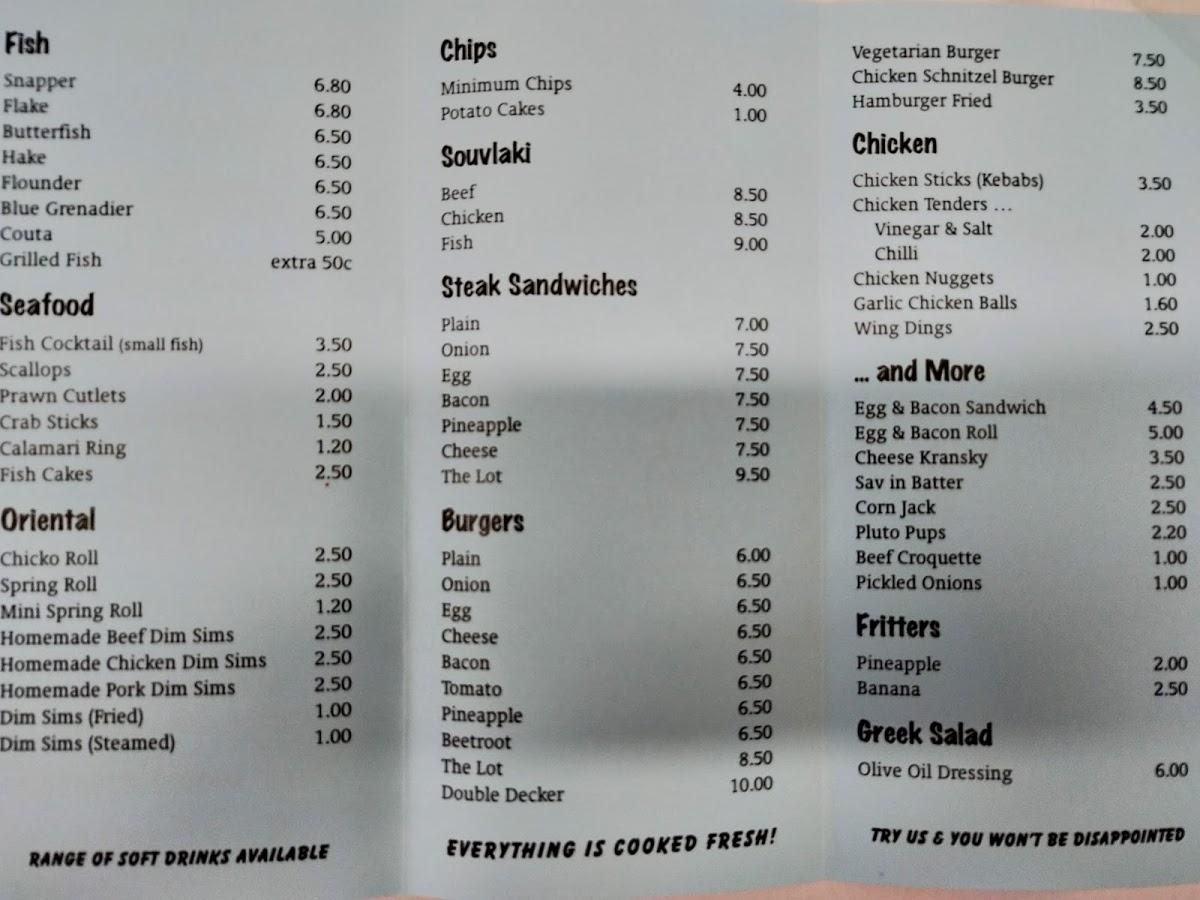 Menu at Blue Sea Fish Shop fast food, Castlemaine, 91 Mostyn St