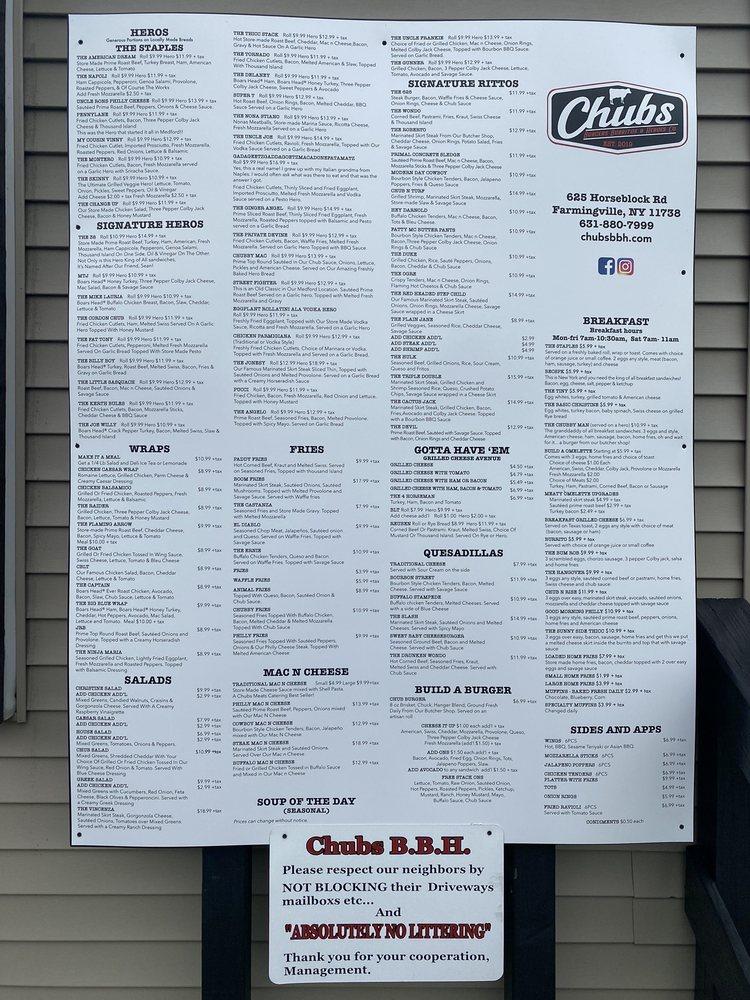Menu at Chubs Burgers Burritos and Heroes restaurant, Farmingville