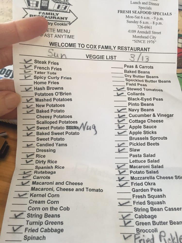 Menu at Cox Family Restaurant, Morehead City