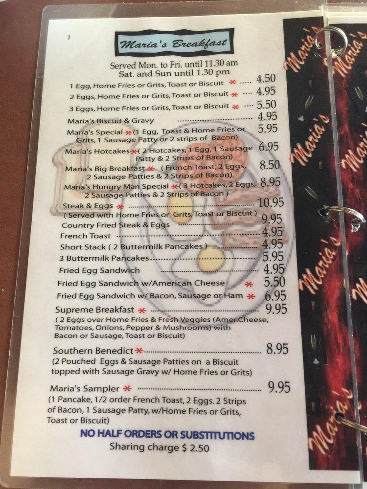 Menu at Maria's Cafe, Stuart, 10 SW Osceola St
