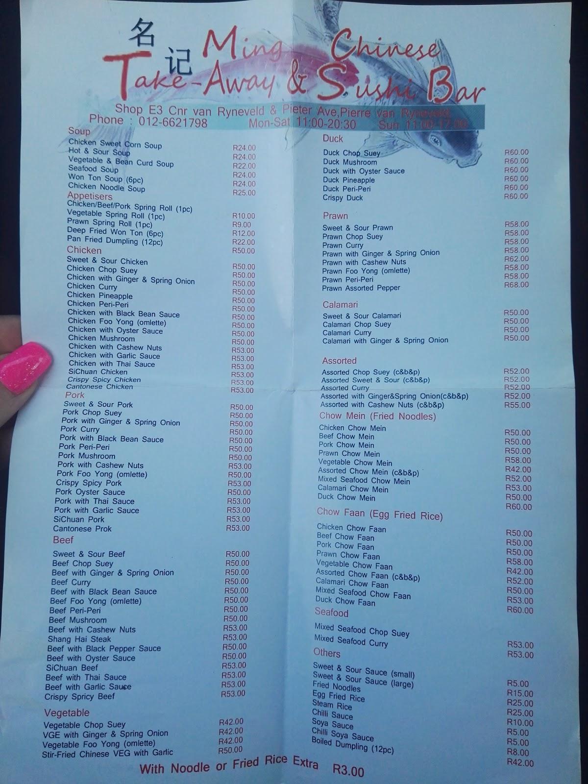 Menu at Ming Chinese Take Away And Sushi Bar, Centurion