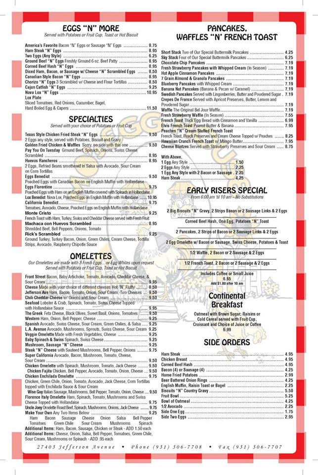 Menu at Mo's Egg House restaurant, Temecula