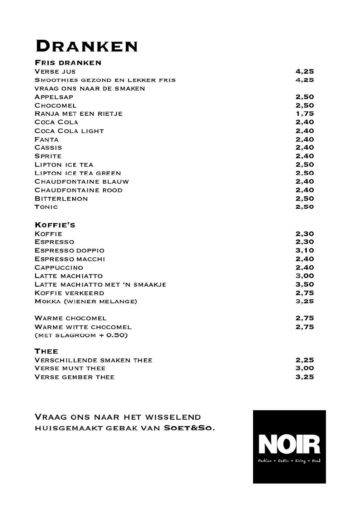 Menu at Noir Fashioncafé, Roermond