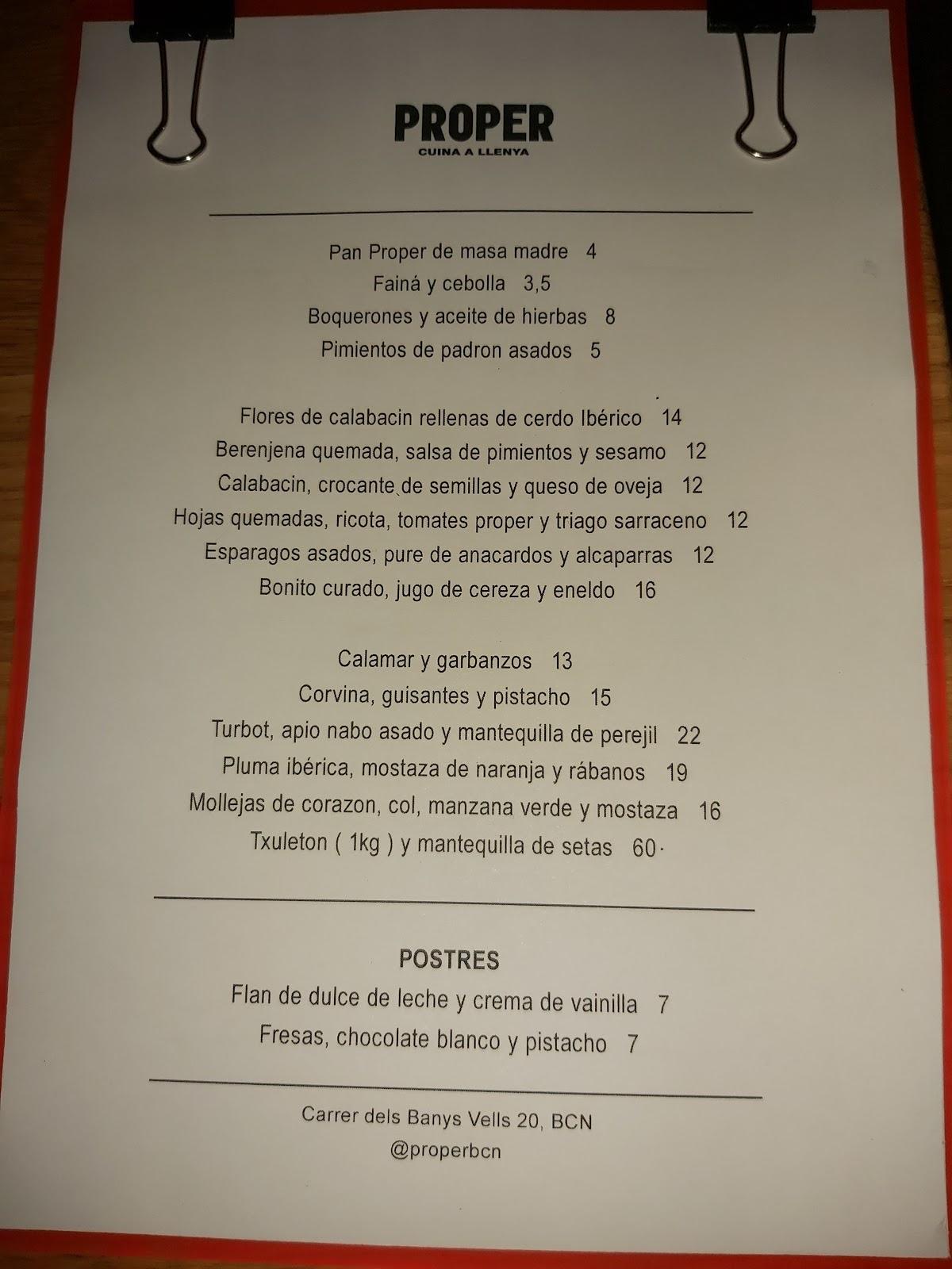 Menu at Proper BCN restaurant, Barcelona